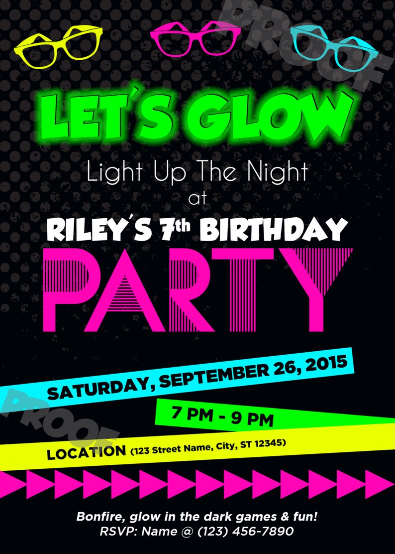 Printable Neon Invitation Glow Neon Bright Party Etsy