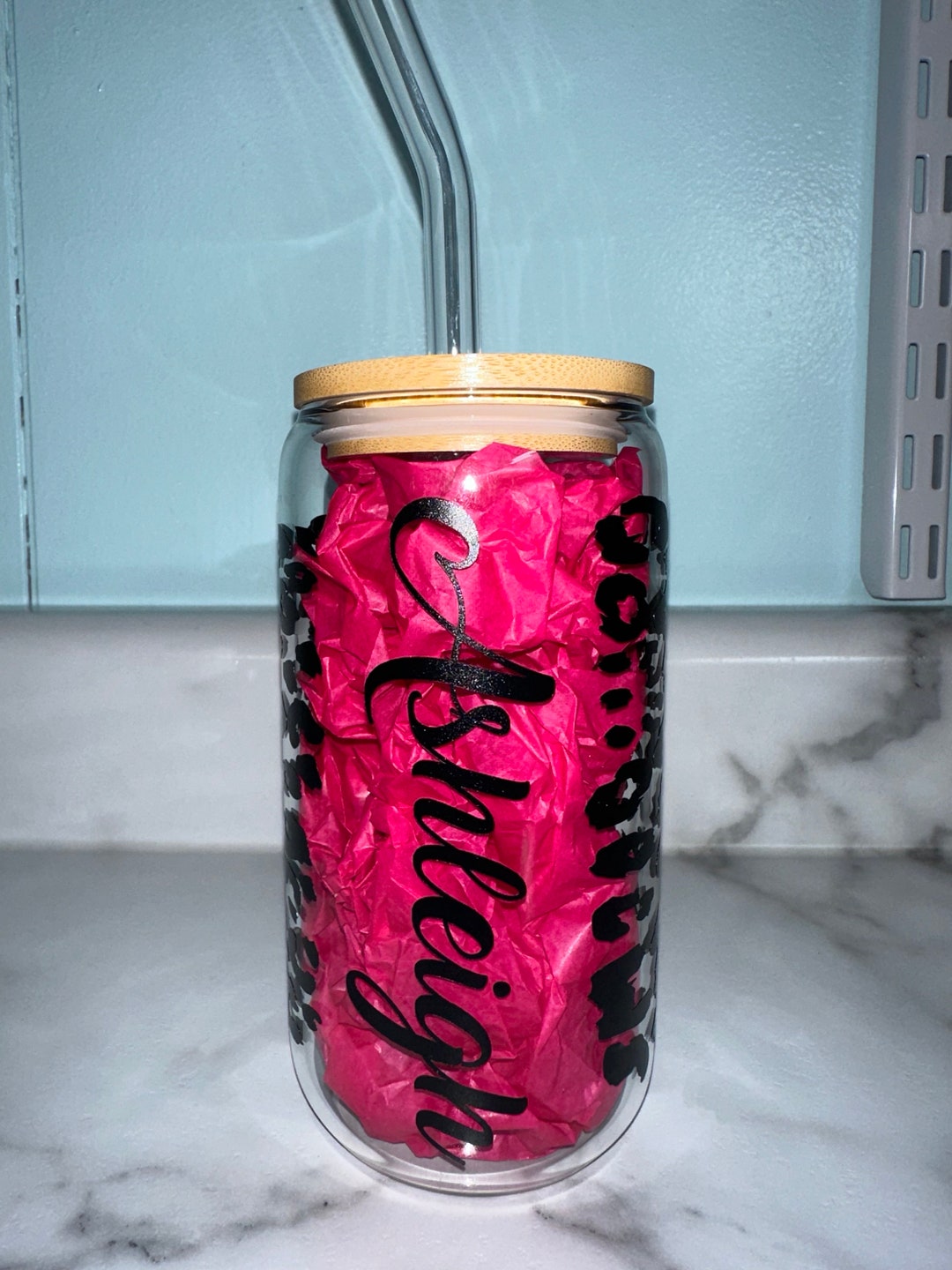 Cheetah Glass Can- Personalized - Etsy