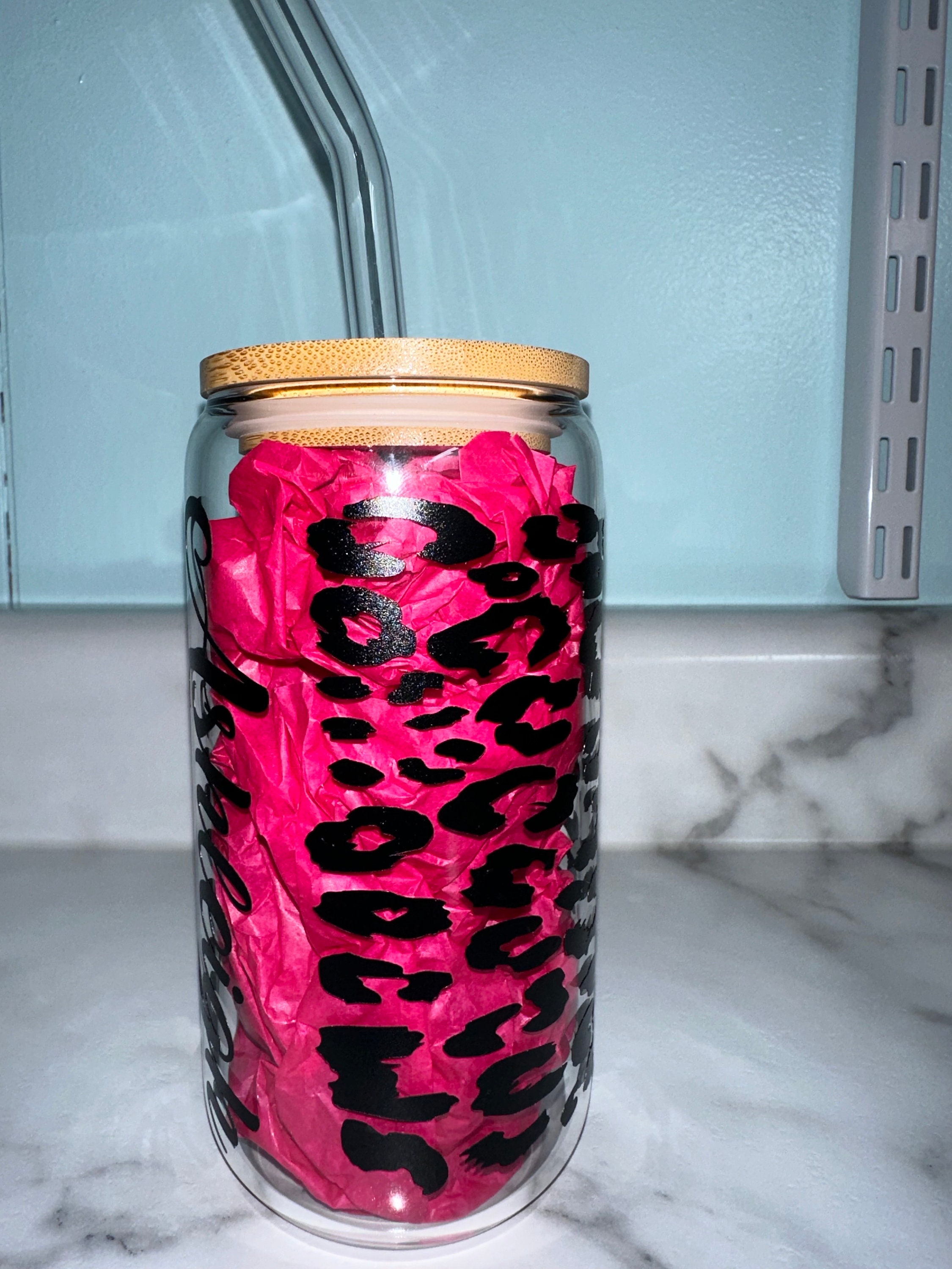 Cheetah Glass Can- Personalized - Etsy