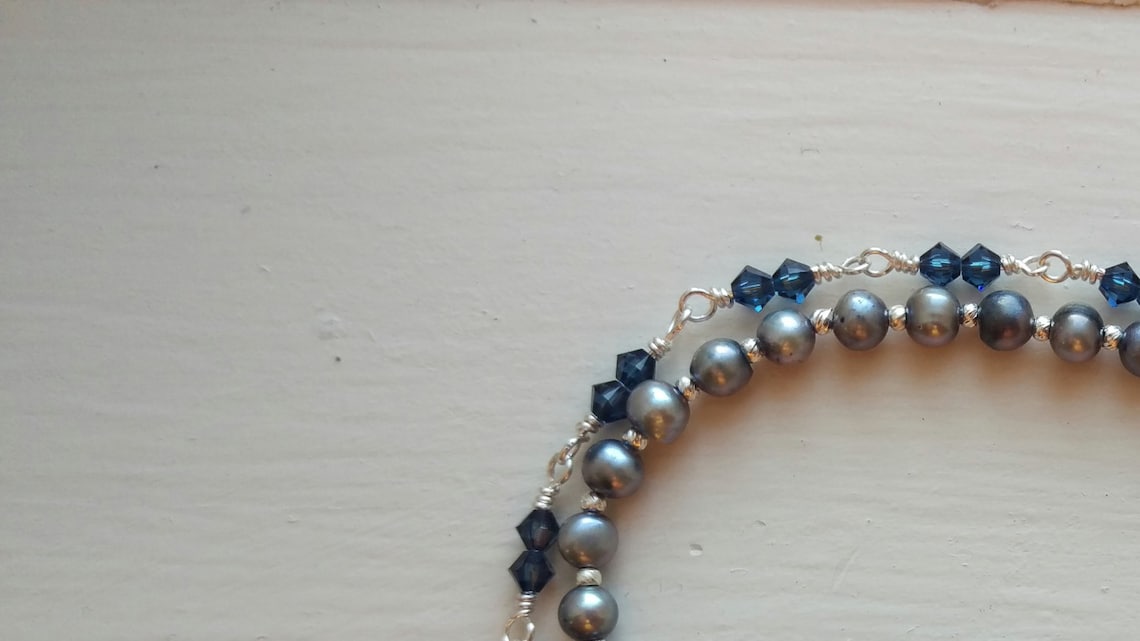 Two Strand Handmade Dusty Blue Pearl and Crystal Beaded - Etsy