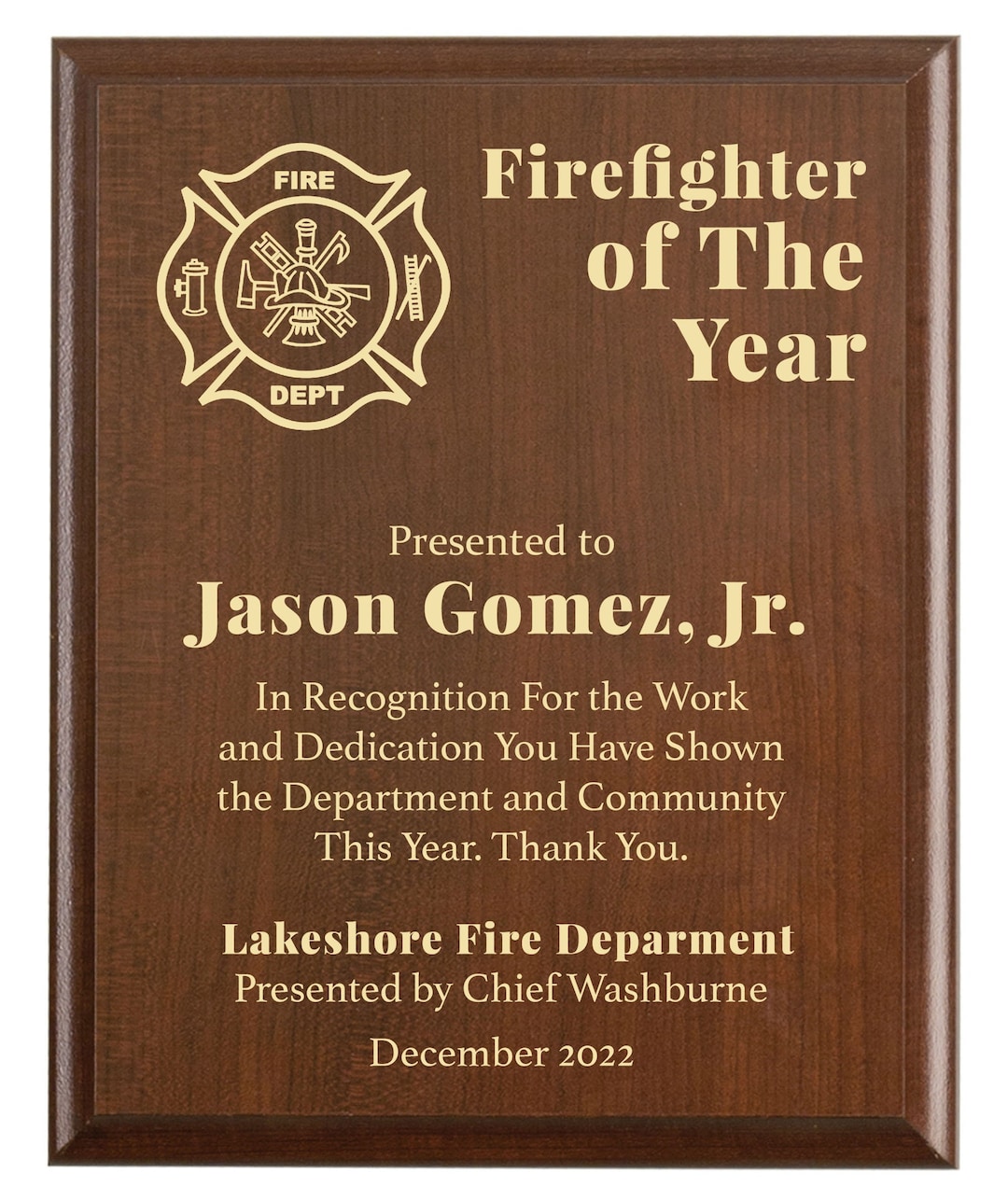 Fireman of the Year Award Plaque | Department Fire Fighter Gift ...