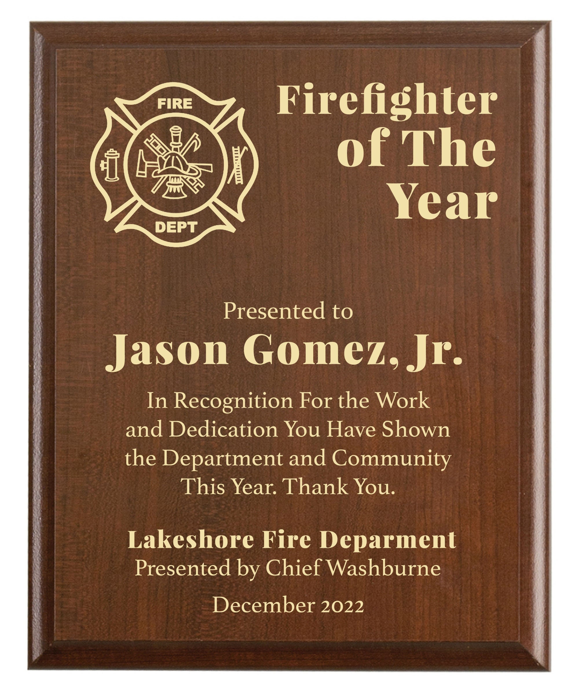 Personalized Wooden Fire Department Award, Plaque, Recognition - www ...