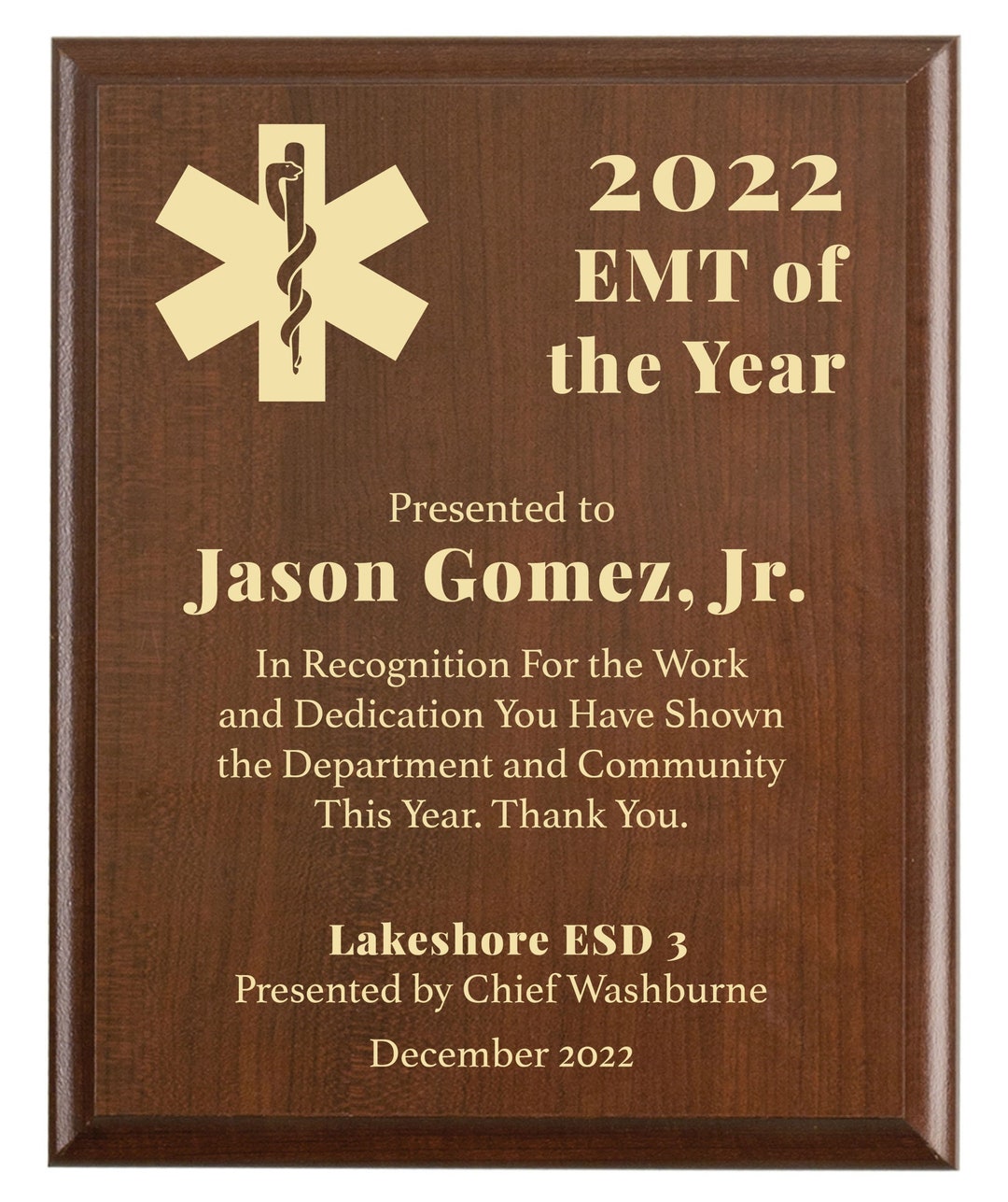 EMT of the Year Award Plaque | ESD Emergency Recognition Gift ...