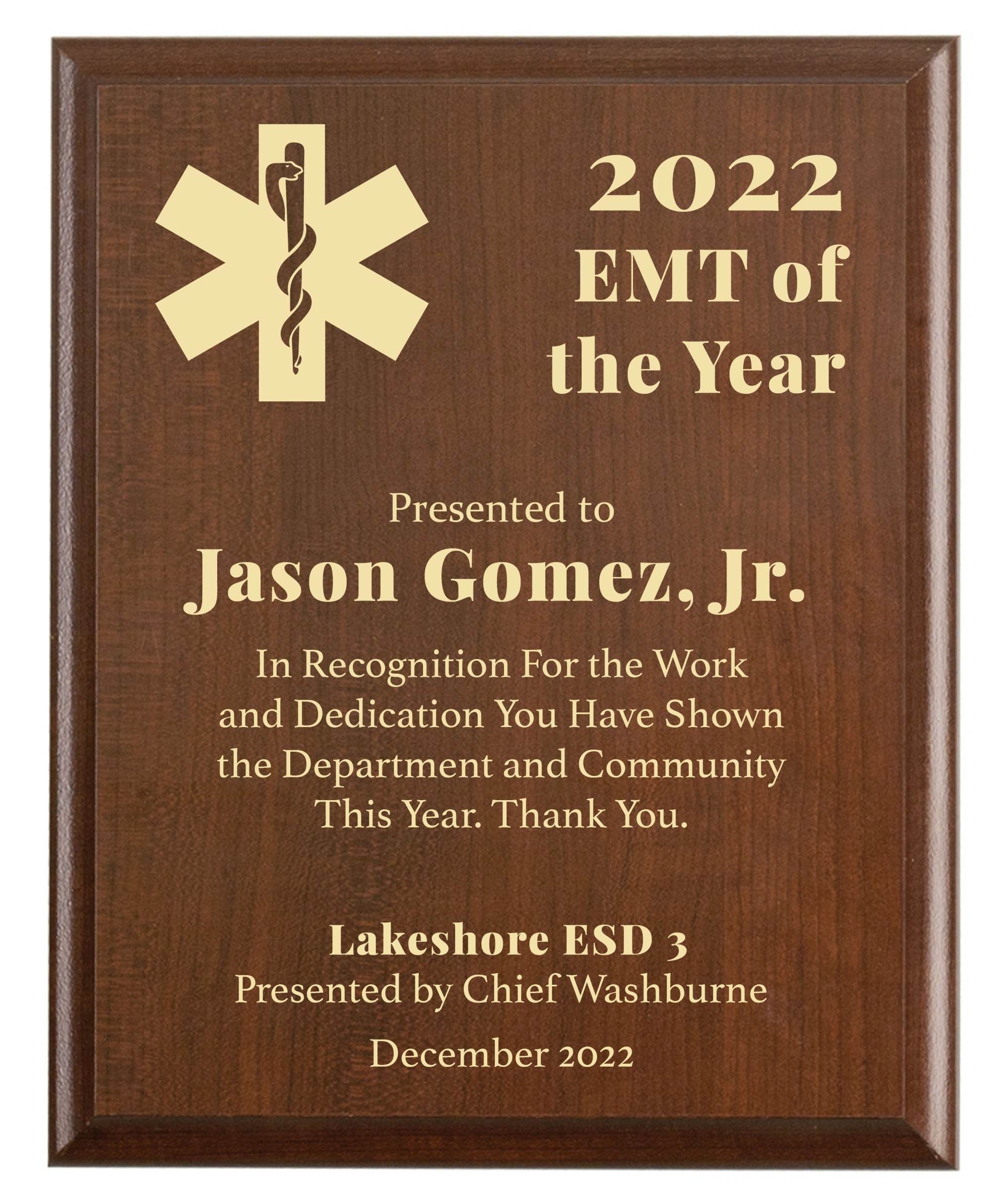 EMT of the Year Award Plaque ESD Emergency Recognition Gift - Etsy
