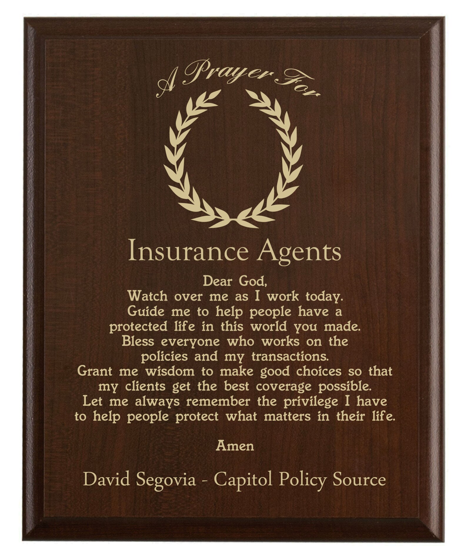 Insurance Agent Prayer Plaque | Wisdom Protecting Families From ...