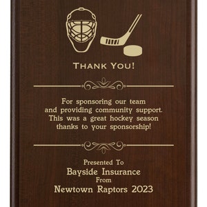Hockey Sponsor Thank You Gift | Sponsorship Award Plaque From the Team ...