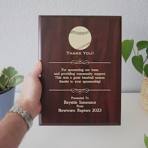 Baseball Sponsor Thank You Gift | Sponsorship Award Plaque From the ...