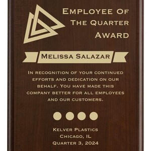 Employee of the Quarter Award Plaque | End of Quarter Recognition Award ...