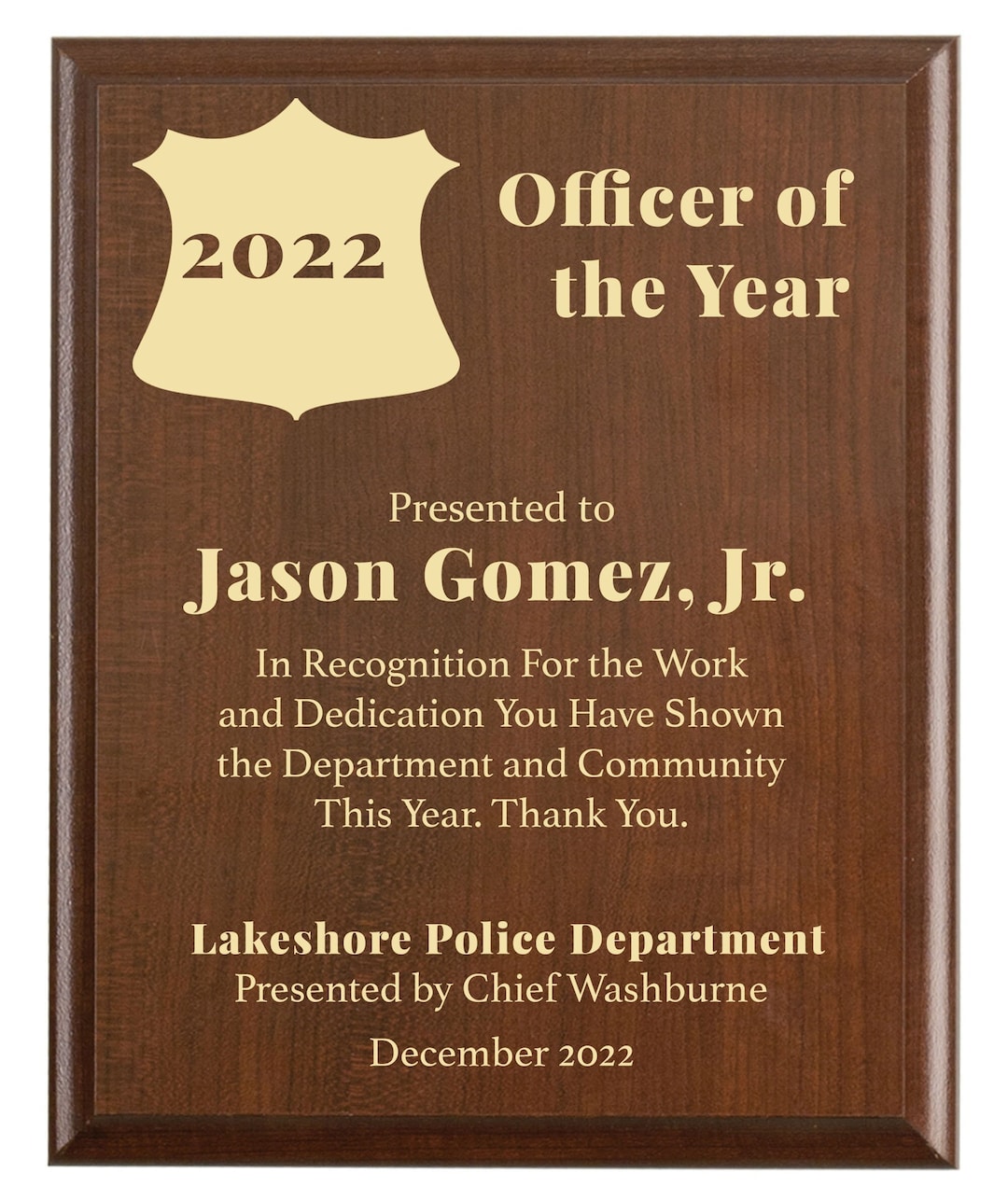 Officer of the Year Award Plaque | Police Department Recognition Gift ...