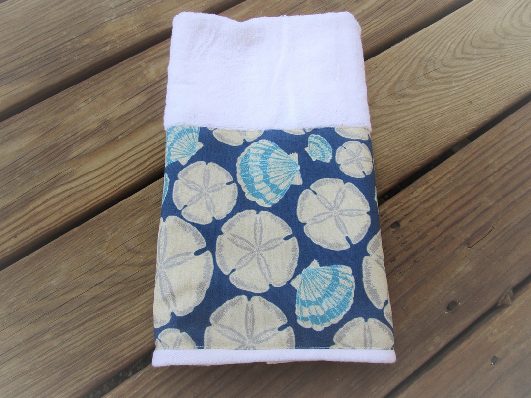 Coastal Beach Hand Towel: Shell Sand Dollar Print, Blue Nautical Bath ...