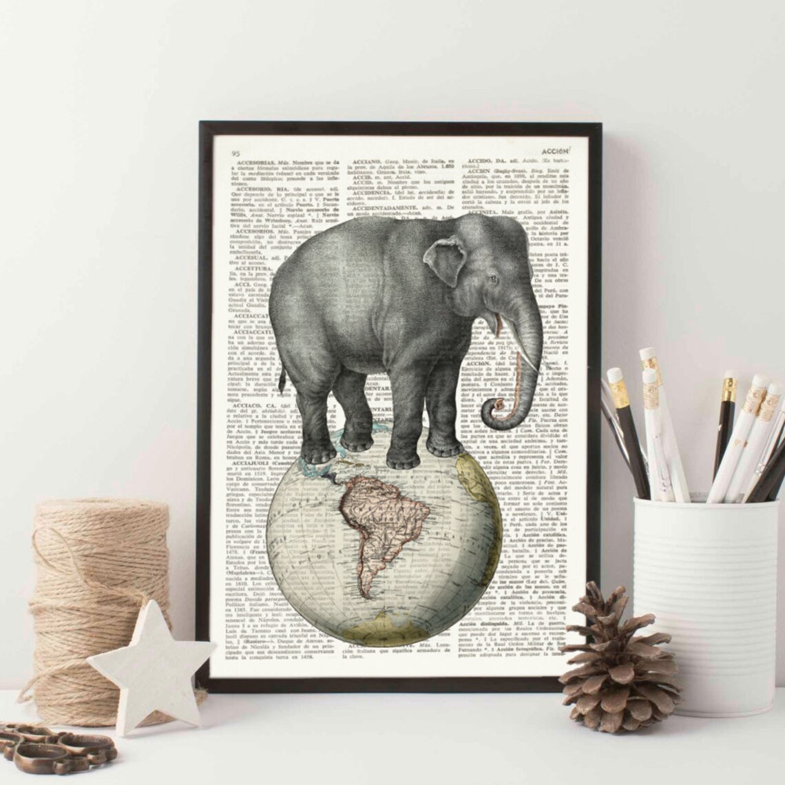 ELEPHANT Over the WORLD Dictionary Art, World Globe Elephant, Elephant ...