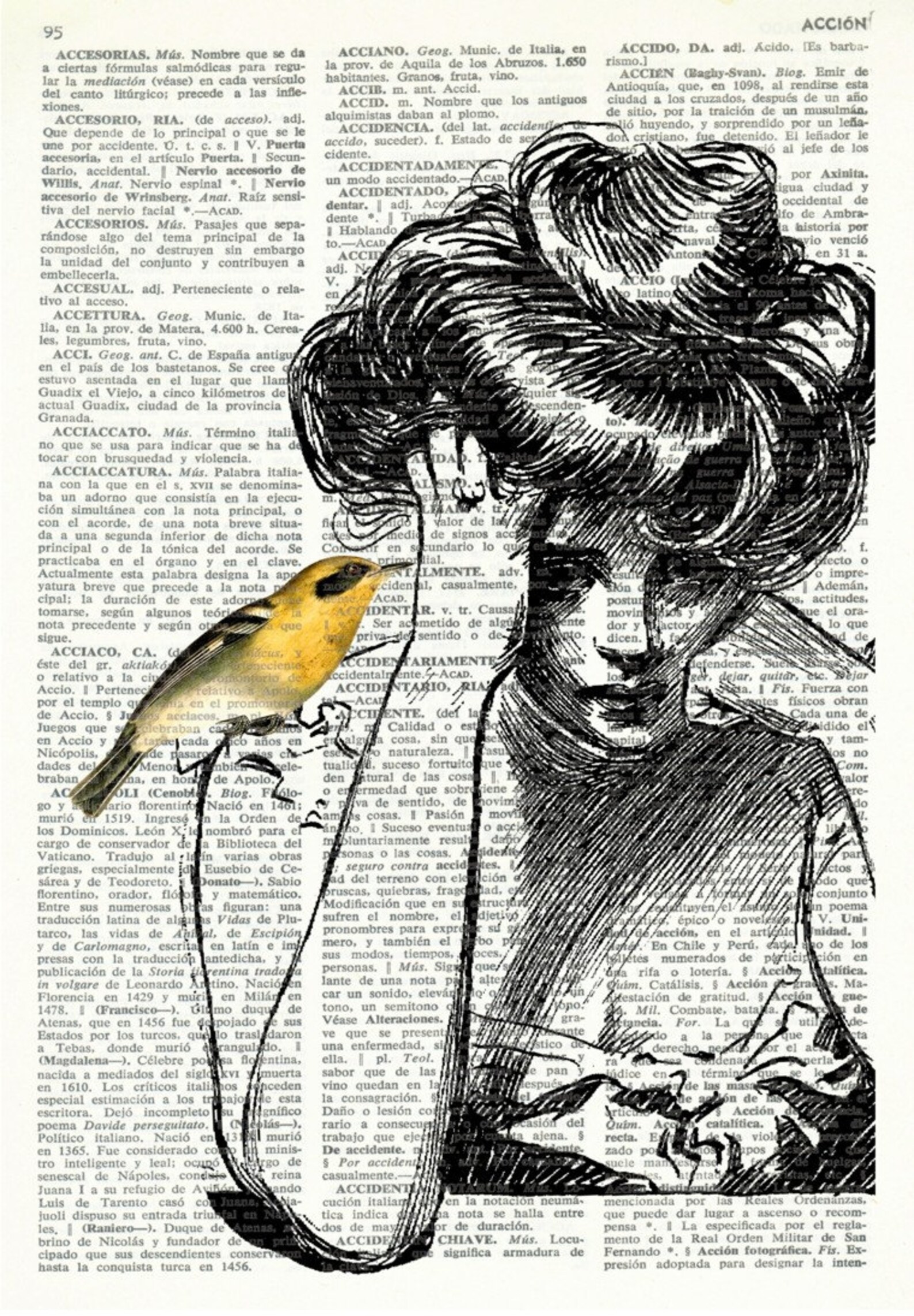 SET WOMAN and BIRD, Collage Prints, Vintage Dictionary, Dictionary Art ...