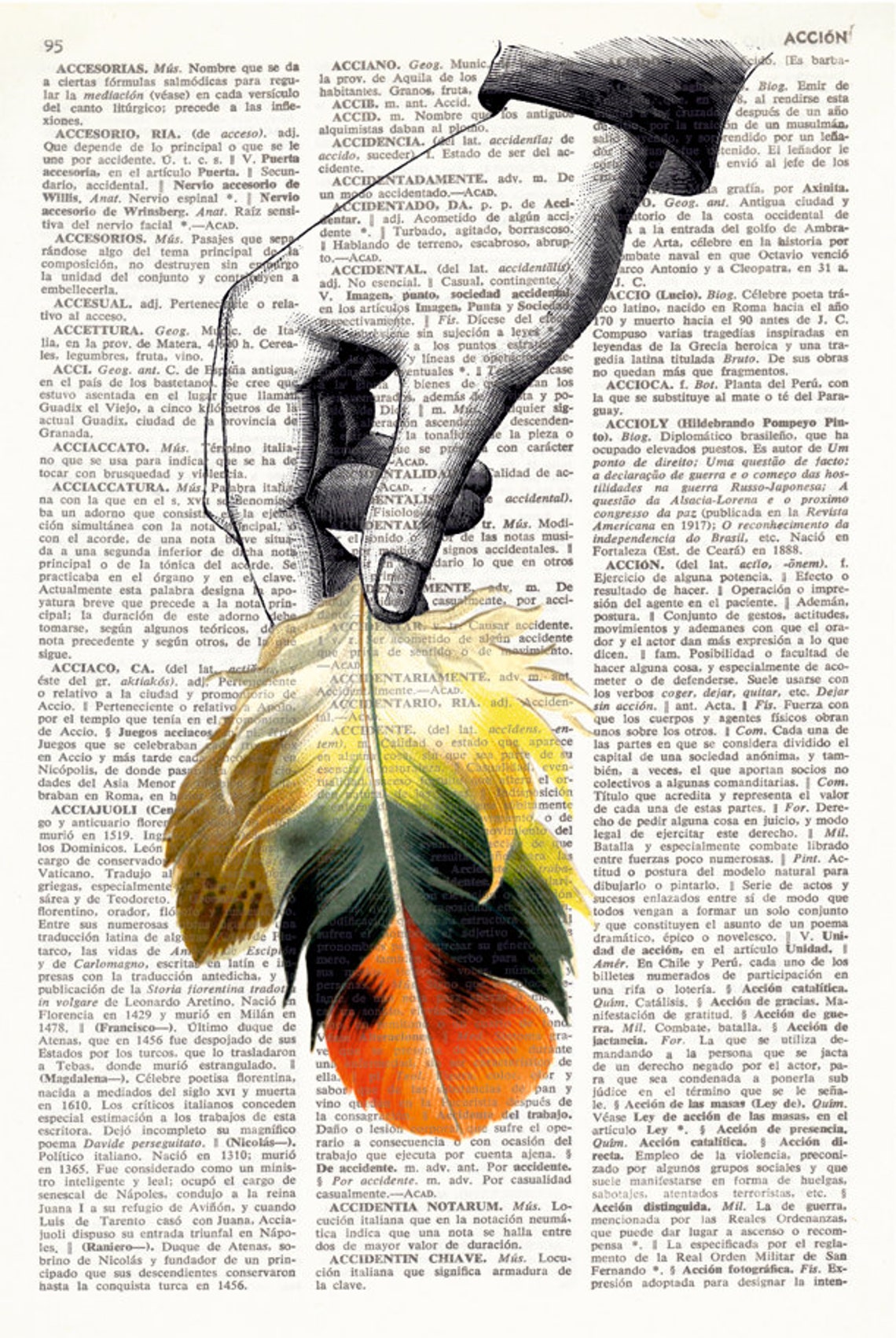 Dictionary Art Print HAND AND FEATHER, Vintage Illustration, Vintage ...
