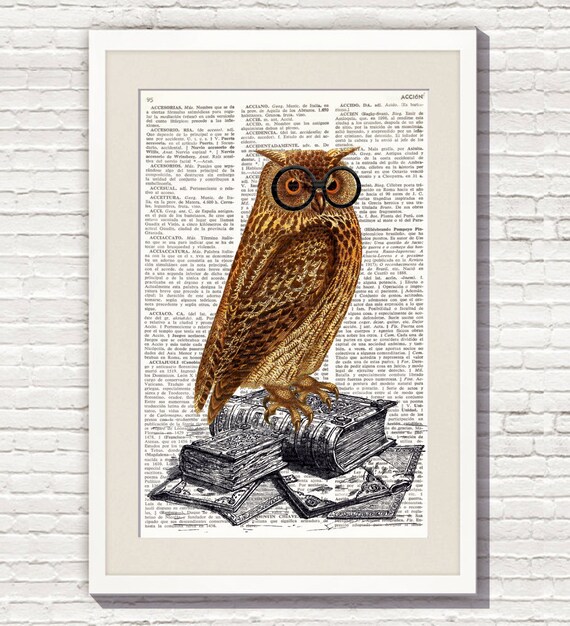 Dictionary Art Print NERD OWL Vintage illustration wise owl | Etsy