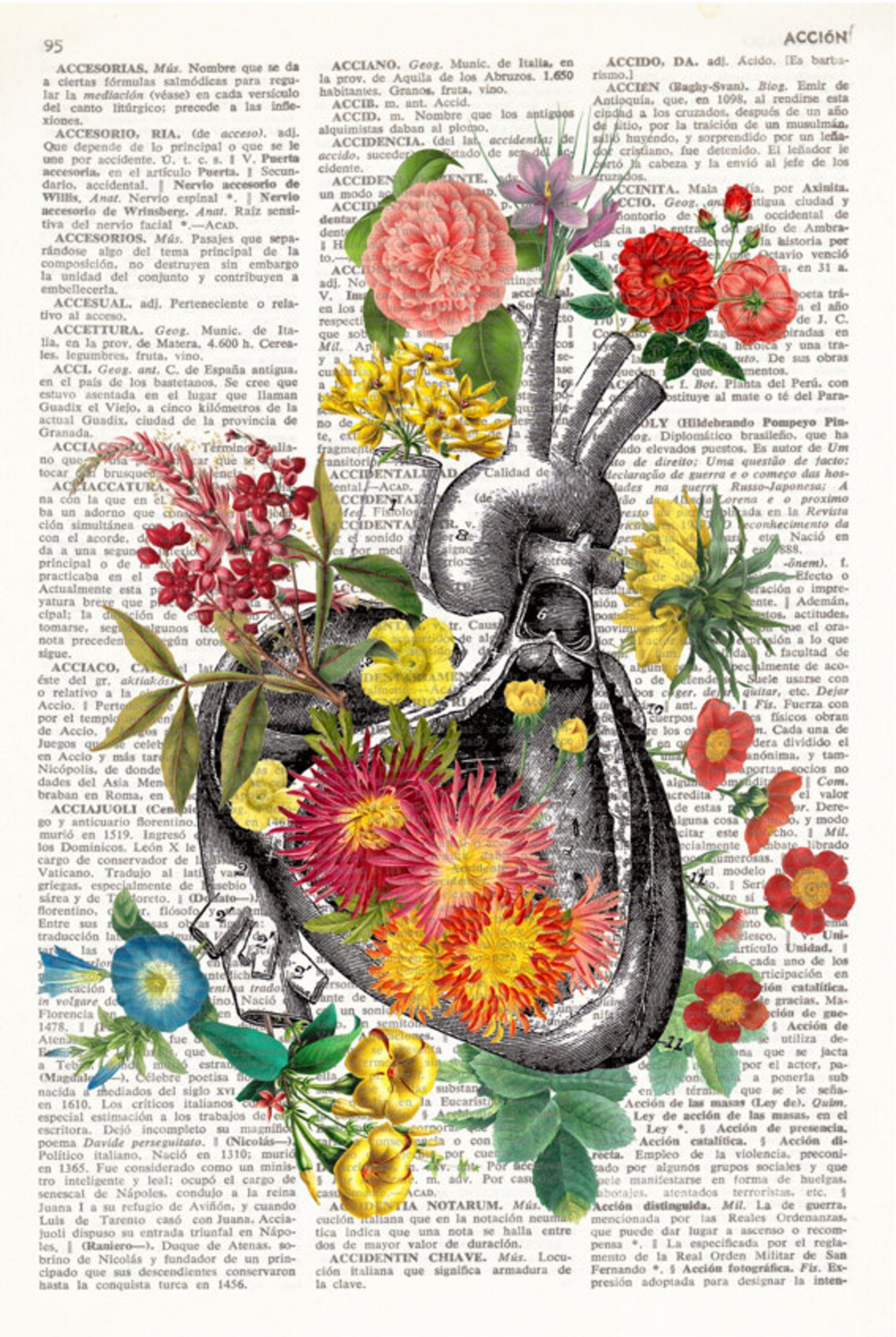 CORAZÓN HUMANO con FLORES, corazón con flores, lámina corazón, regalo ...