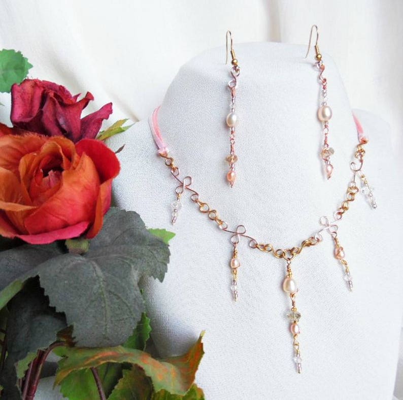 Victorian Necklace And Earrings Jewelry Set Pink Pearl Etsy