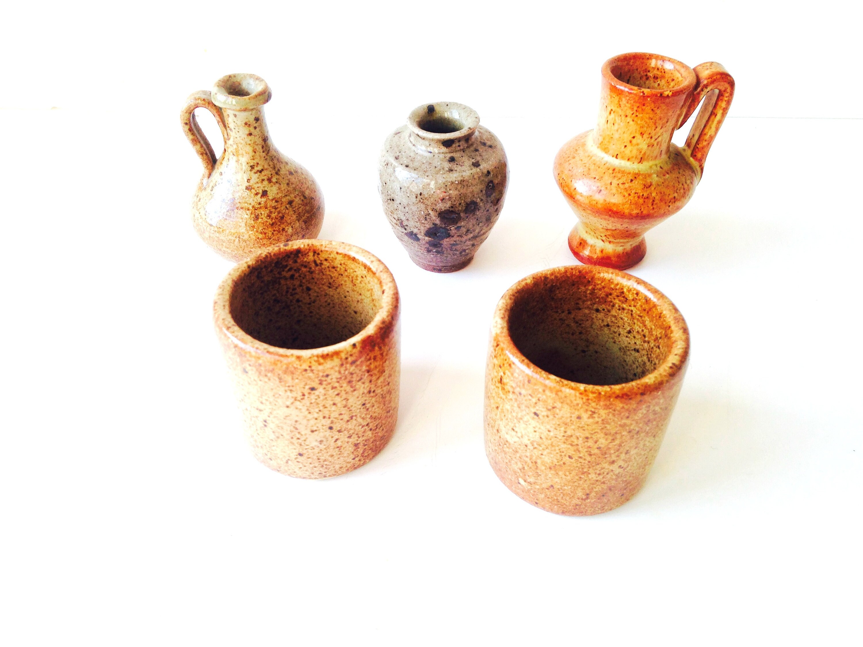 Pottery Miniature Stoneware Set With 3 Jugs and 2 Liquor Tumblers Brown ...