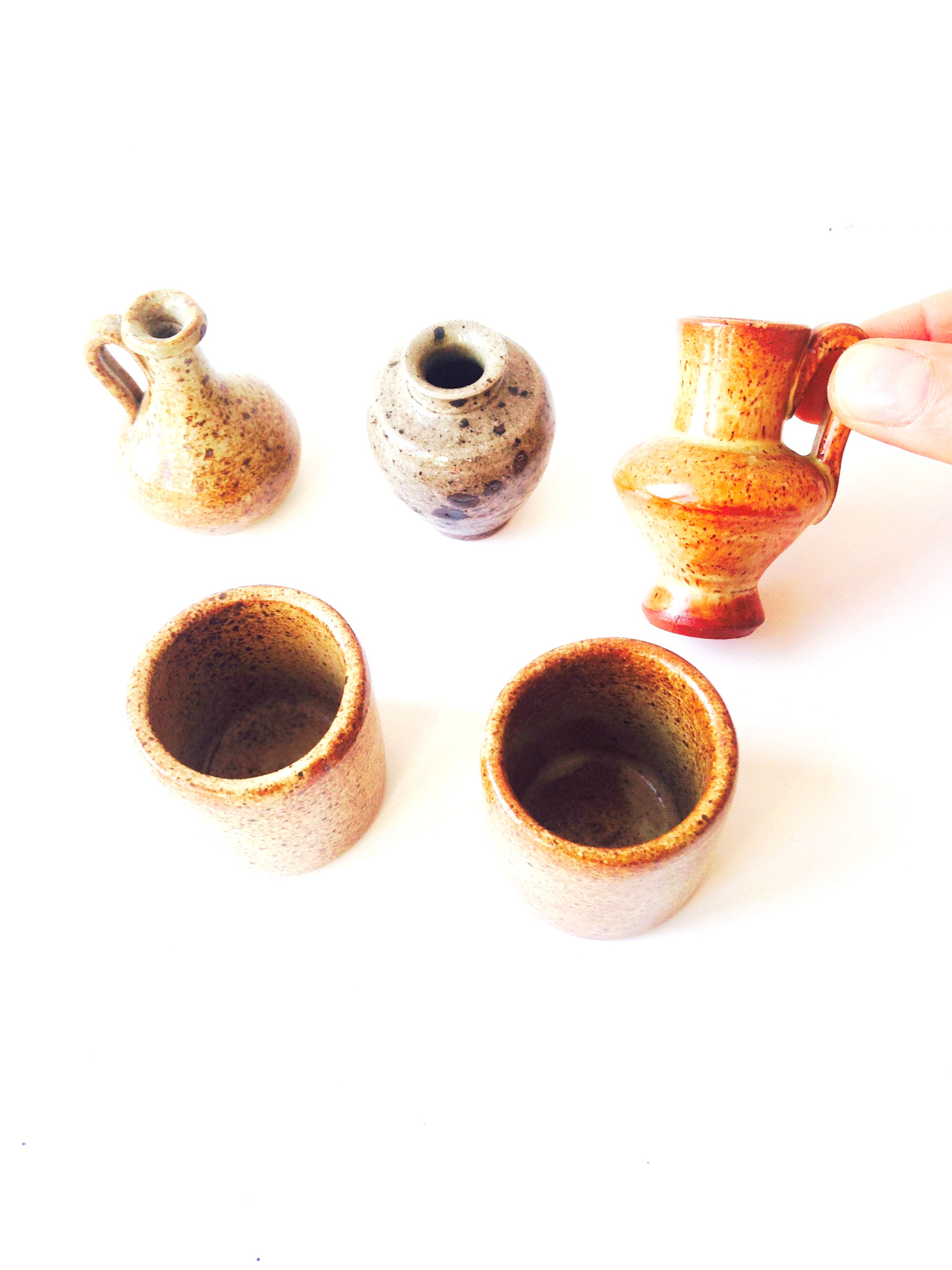 Pottery Miniature Stoneware Set With 3 Jugs and 2 Liquor Tumblers Brown ...