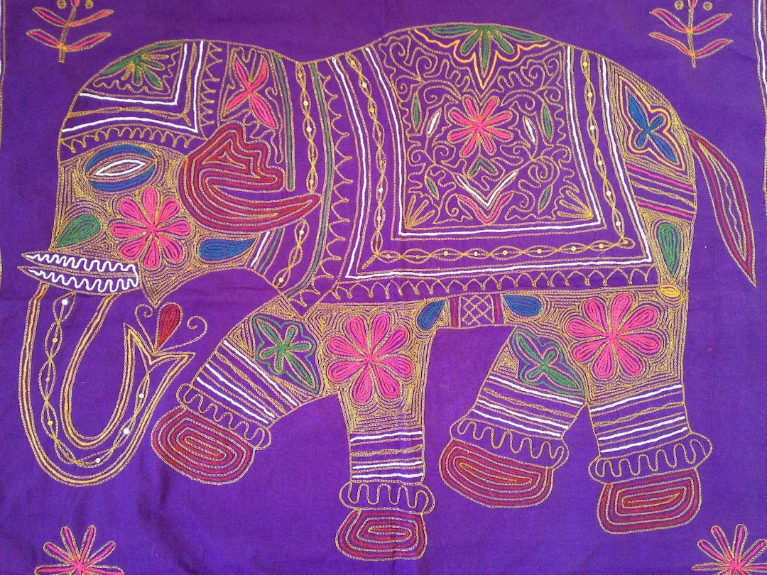 Batik Zardosi Indian Batik GOLDEN ELEPHANT on Purple Background ...