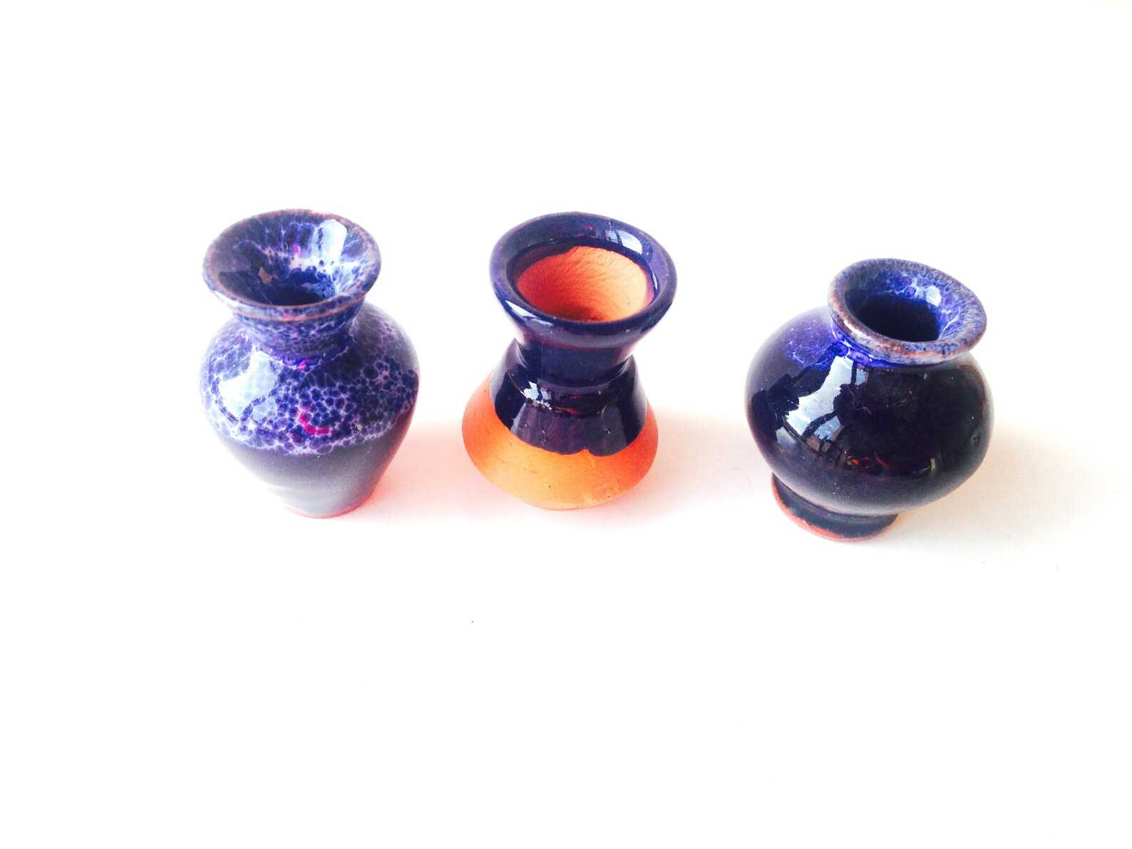 Pottery Miniature POTTERY Set of Three Blue Enamel on Terracotta ...