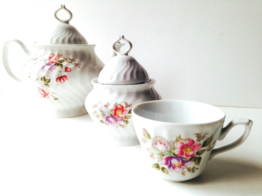 Tea Set 3 Pieces Teapot Sugar Bowl and Teacup Fine Porcelain Floral ...