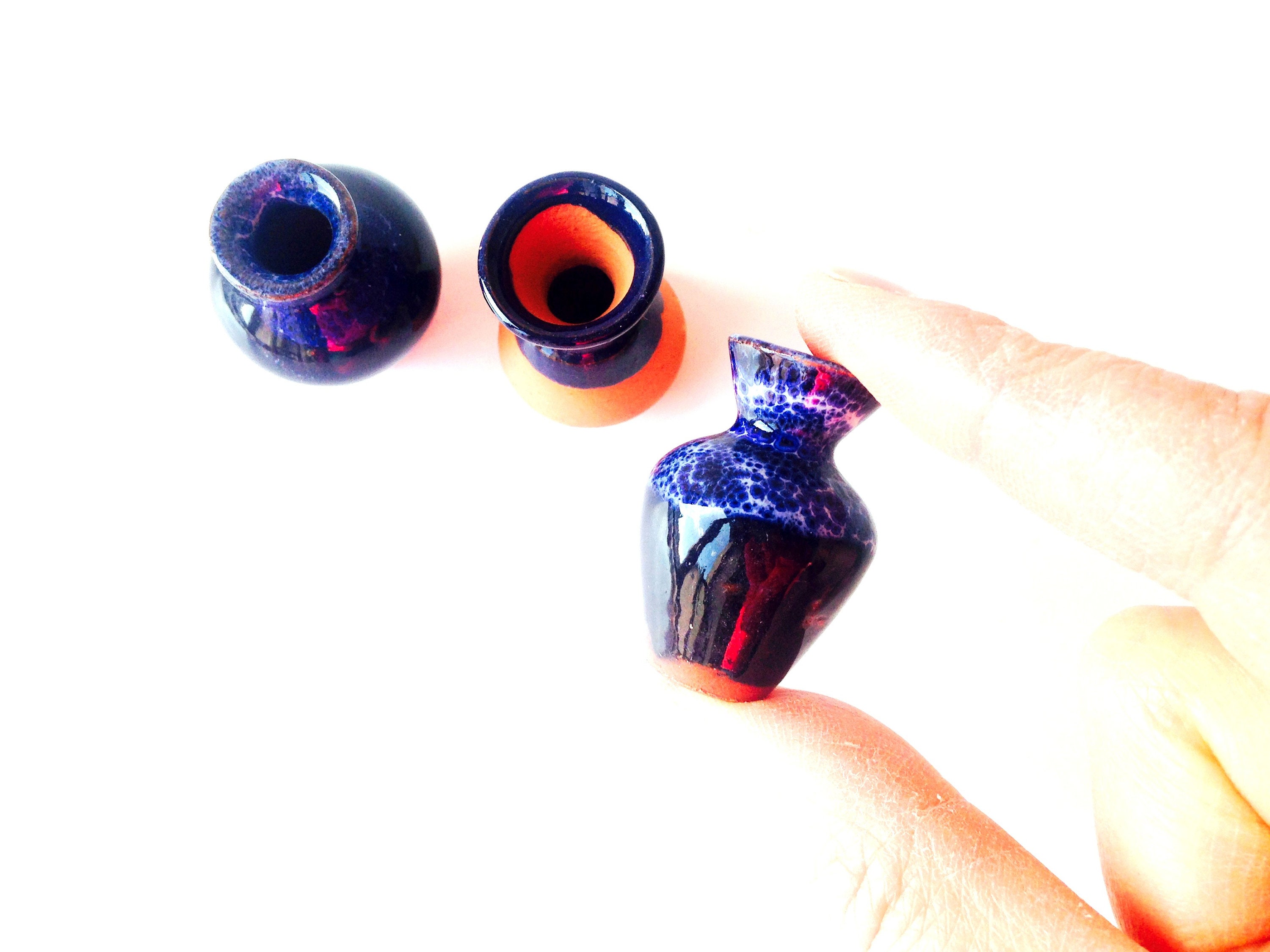 Pottery Miniature POTTERY Set of Three Blue Enamel on Terracotta ...