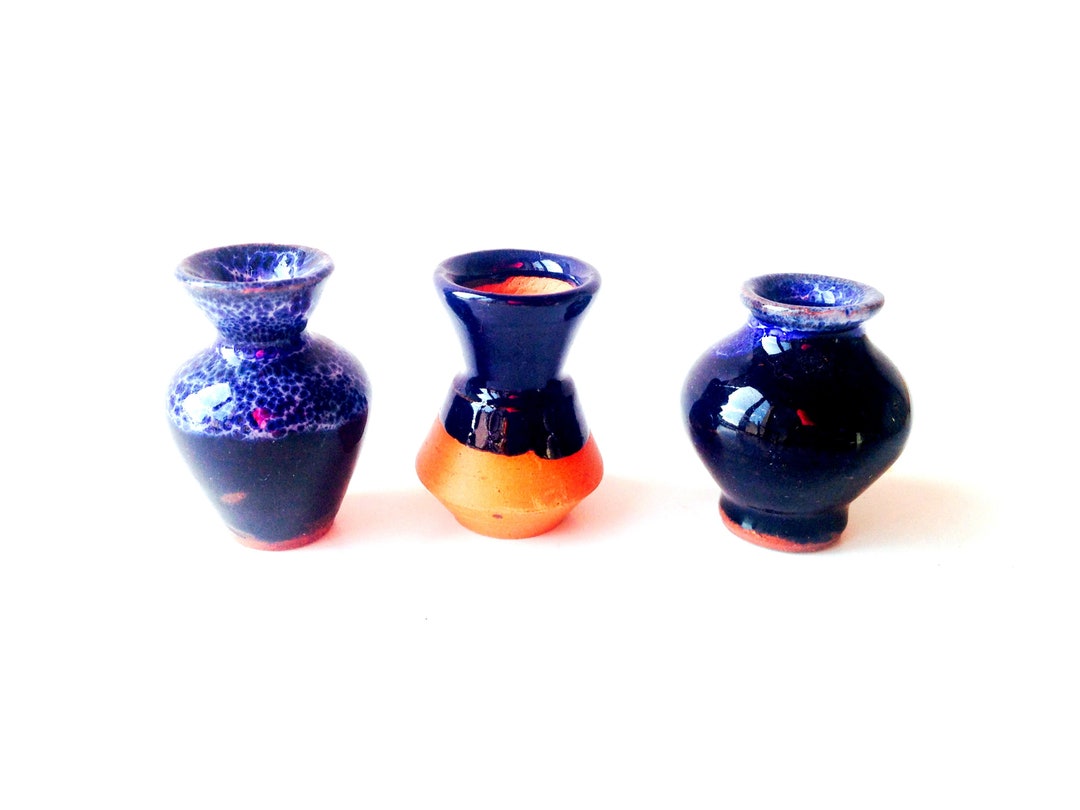 Pottery Miniature POTTERY Set of Three Blue Enamel on Terracotta ...