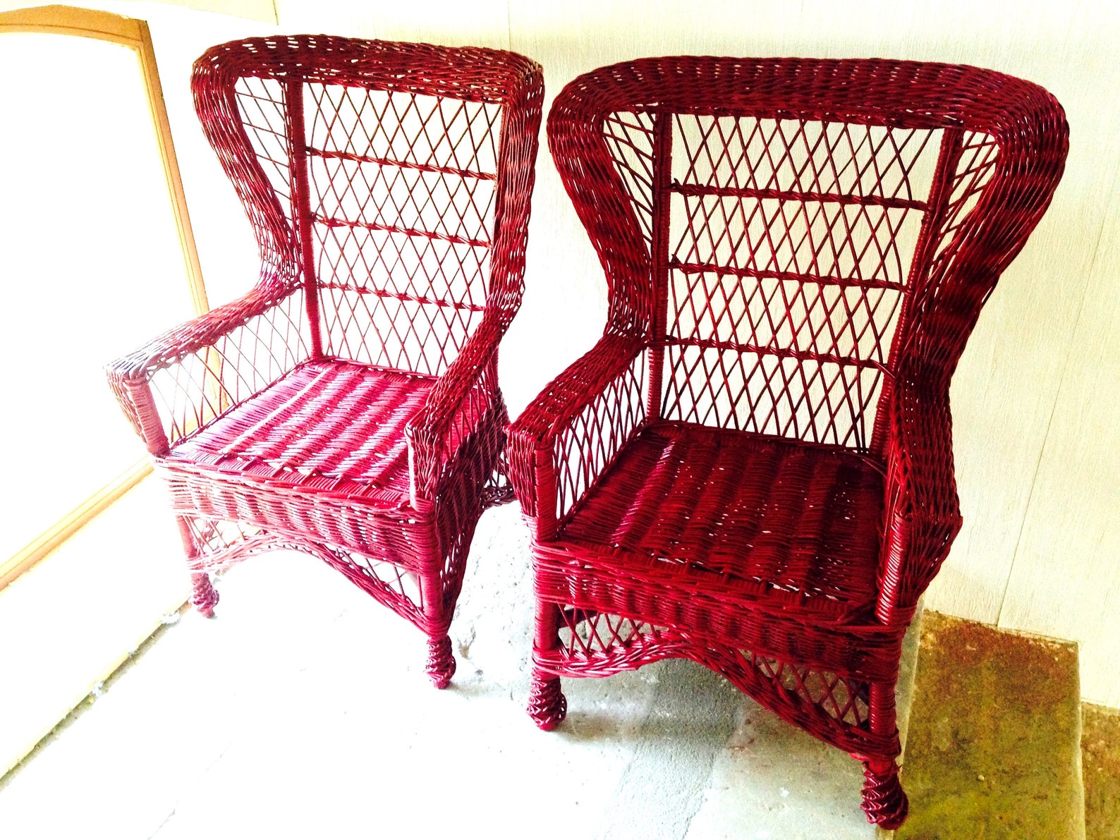 Armchairs Pair of Red Armchairs Bamboo and Rattan Red Tall | Etsy