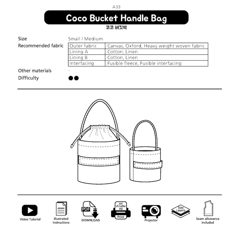 Bucket Bag Sewing Pattern PDF, Drawstring Bag, 2 Sizes, Digital ...