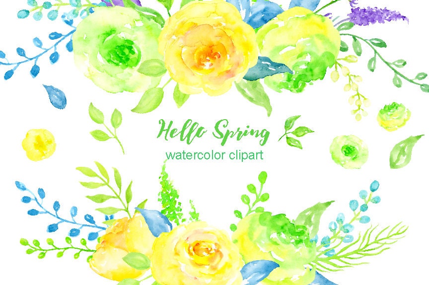 Watercolor Clipart Hello Spring yellow and green rose | Etsy