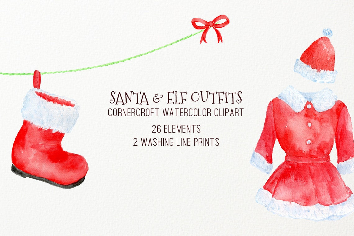 Christmas Clipart Santa Claus and Elf Outfit on Washing Line - Etsy