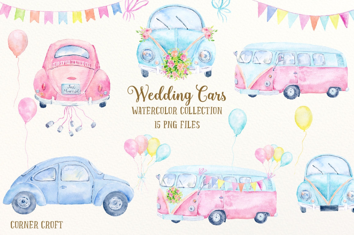Wedding Car Clip Art Watercolor Wedding Cars Campervan and - Etsy UK