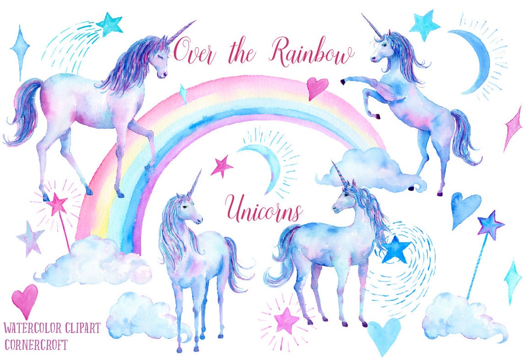 Unicorn Clip Art, Over the Rainbow Unicorns, Unicorn, Rainbow, Star ...