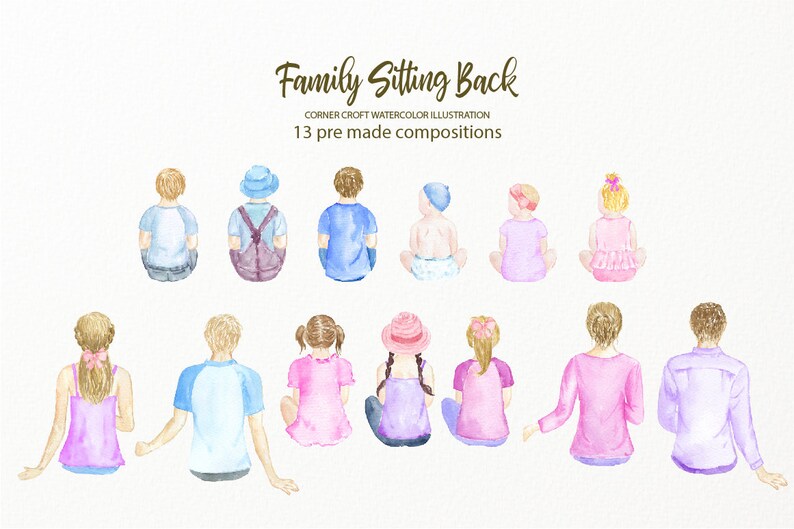 Family Sitting Back Watercolor Illustration for Making Personalised ...