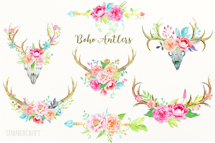 Wedding Clip Art Boho Antlers Watercolor Antler Deer Skull - Etsy