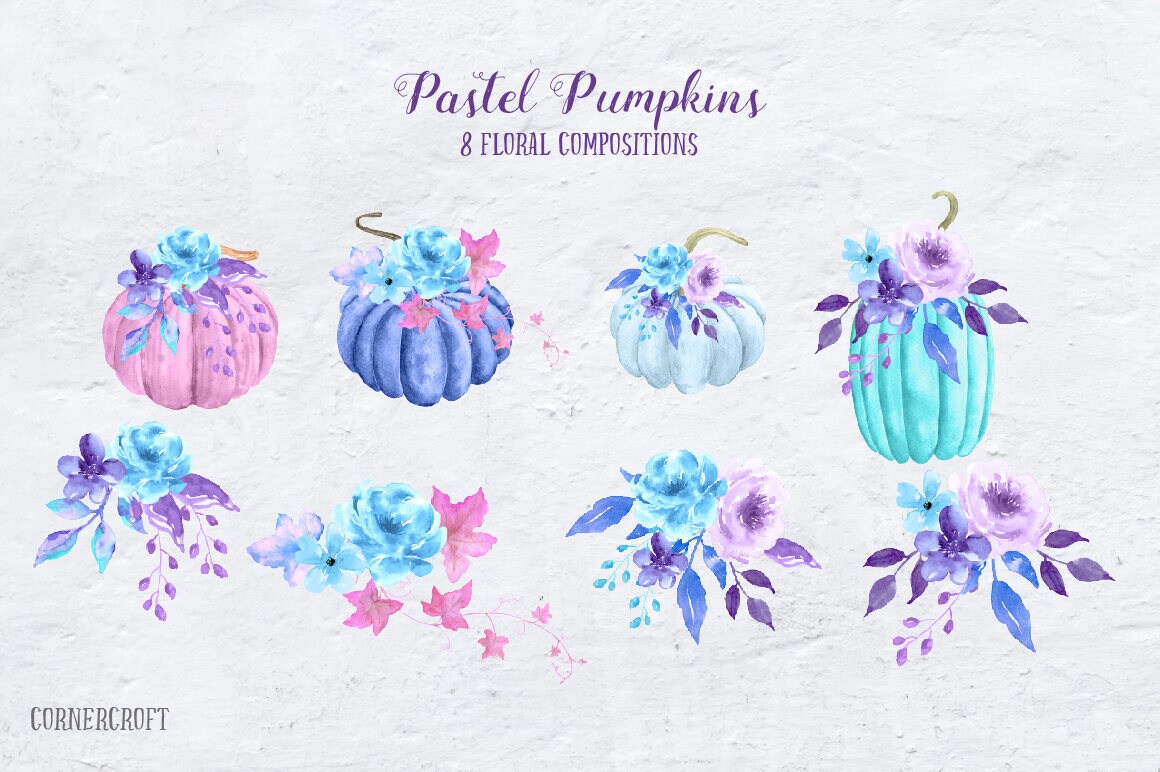 Pastel Pumpkins Watercolor Clipart for instant download pink | Etsy