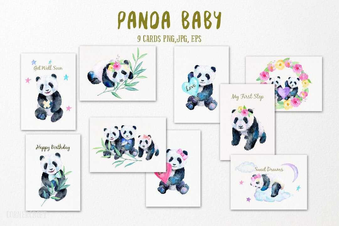 Watercolor Panda Baby Greeting Cards Graphics for Instant Download - Etsy