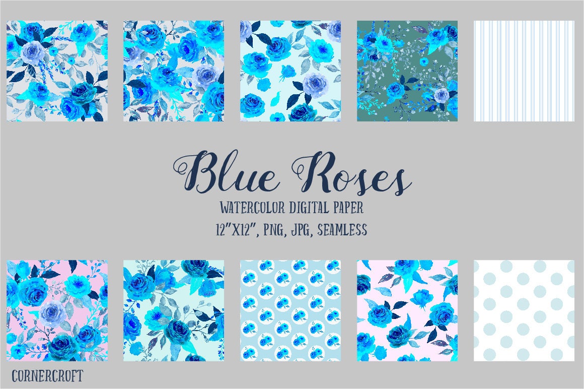 Watercolor Digital Paper Blue Rose for Instant Download Hand | Etsy