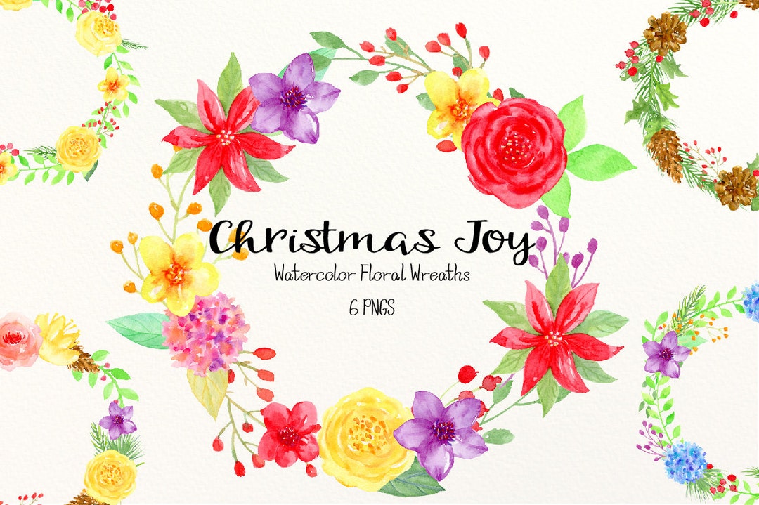 Christmas Joy - Watercolor Floral Wreath, Christmas Wreaths in Festive ...