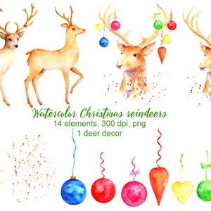 Watercolor Clipart - Christmas Reindeer and Christmas Decoration ...