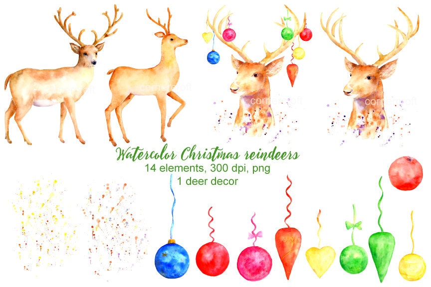 Watercolor Clipart - Christmas Reindeer and Christmas Decoration ...