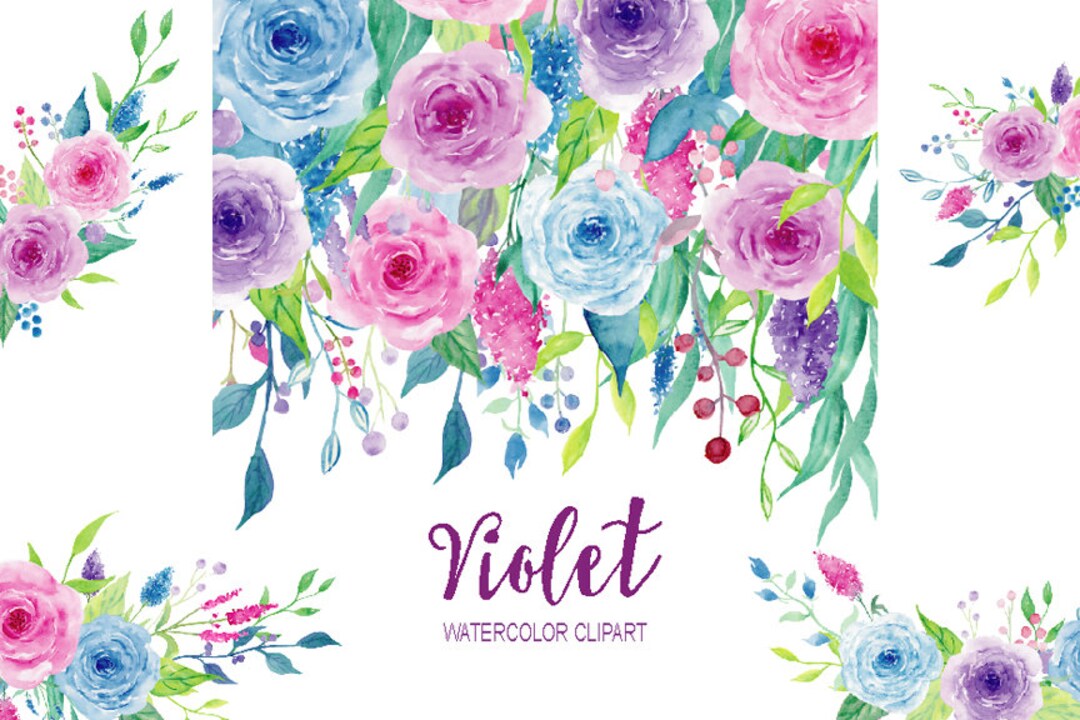 Watercolor Clipart Violet Collection - Floral Elements Border, Frame ...