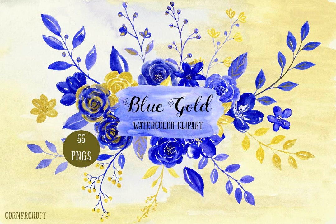 Blue Gold Clipart - Watercolor Clipart Blue and Gold Roses, Floral ...