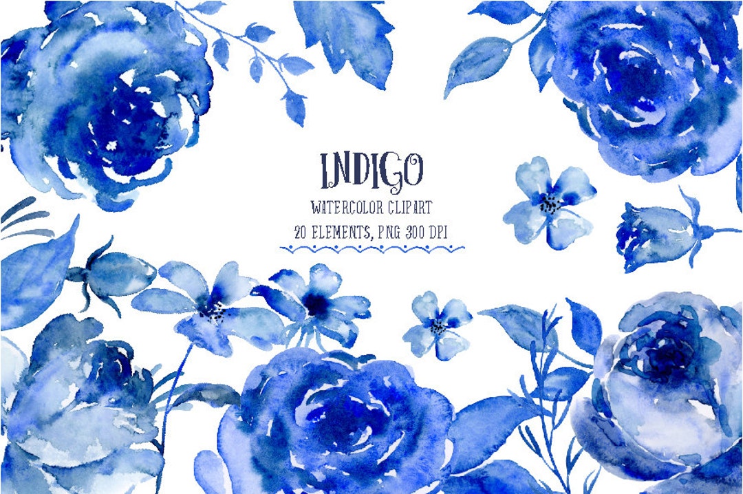 Watercolor Clipart Indigo - Indigo and Blue Flowers and Decorative ...