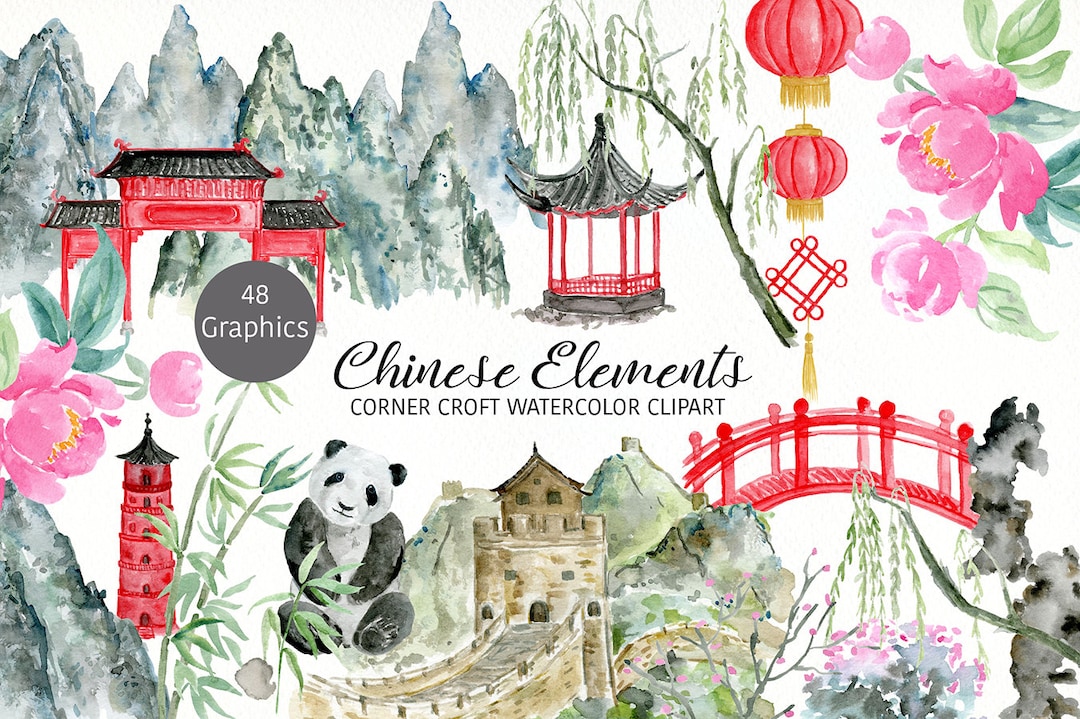 Watercolor Clipart of Chinese Elements for Instant Download - Etsy