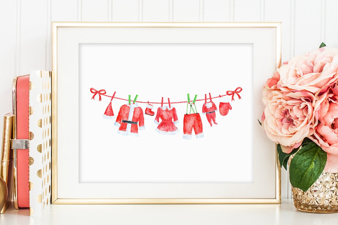 Christmas Clipart Santa Claus and Elf Outfit on Washing Line - Etsy