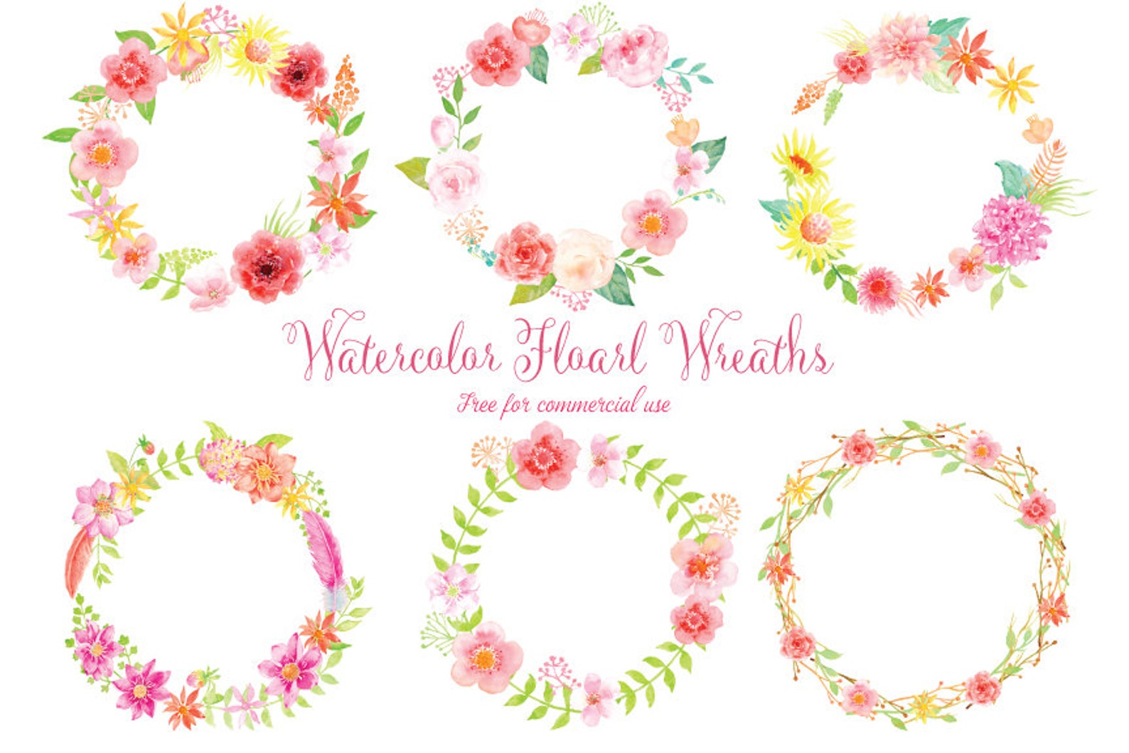 Pink Floral Wreaths for Instant Download, Watercolor Clipart, Wreath ...
