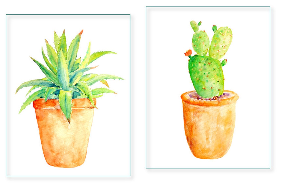 Watercolor Clipart - Hand Painted Watercolor Cactus in Terracotta Pots ...