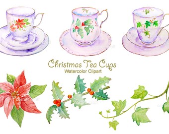 Hand Drawn Watercolor Clipart White Christmas Tea Cups - Etsy