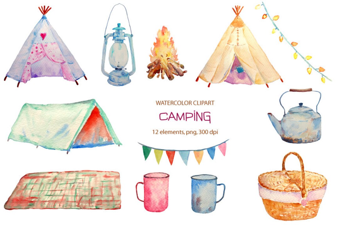 Hand Painted Watercolor Camping Clipart Teepee Tent Camp Fire Instant ...